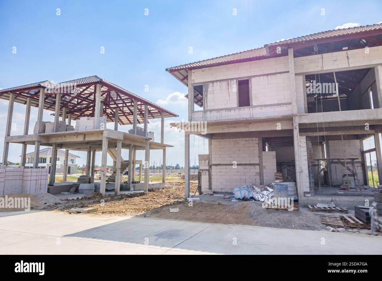 construction residential new house in progress at building site housing ...