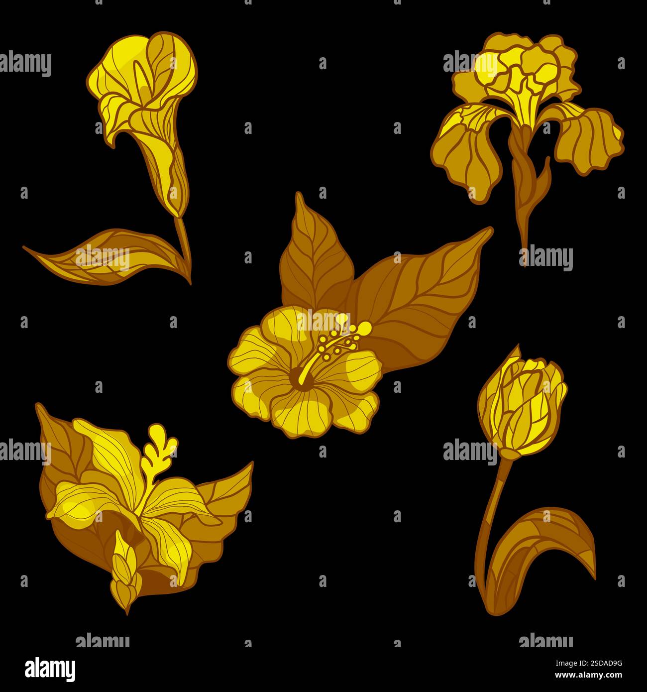 Golden flowers in stained glass window technique vector illustration ...