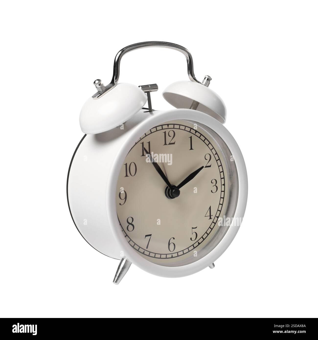 One alarm clock in air isolated on white Stock Photo - Alamy