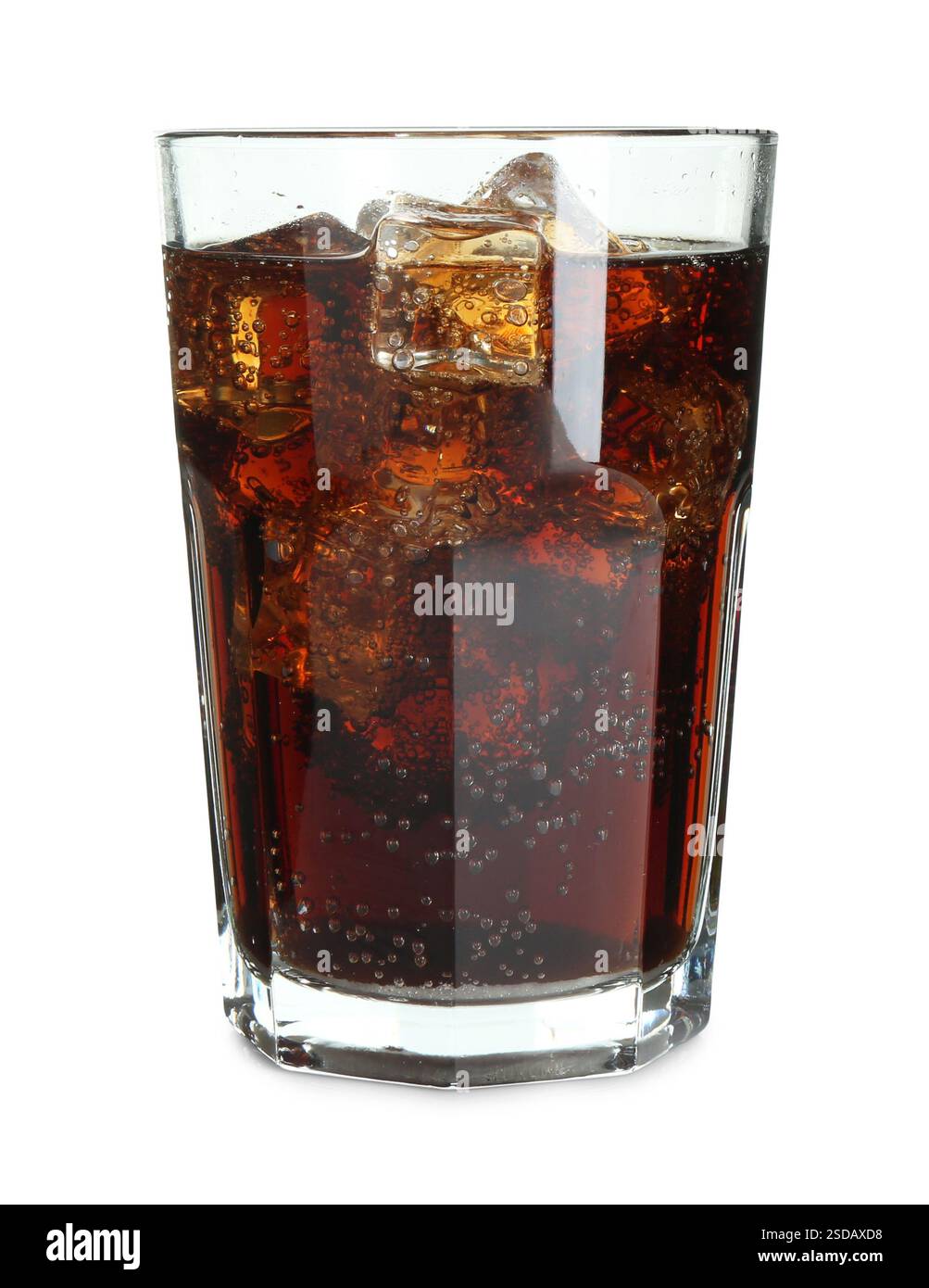 Glass of refreshing sweet soda water with ice cubes isolated on white ...