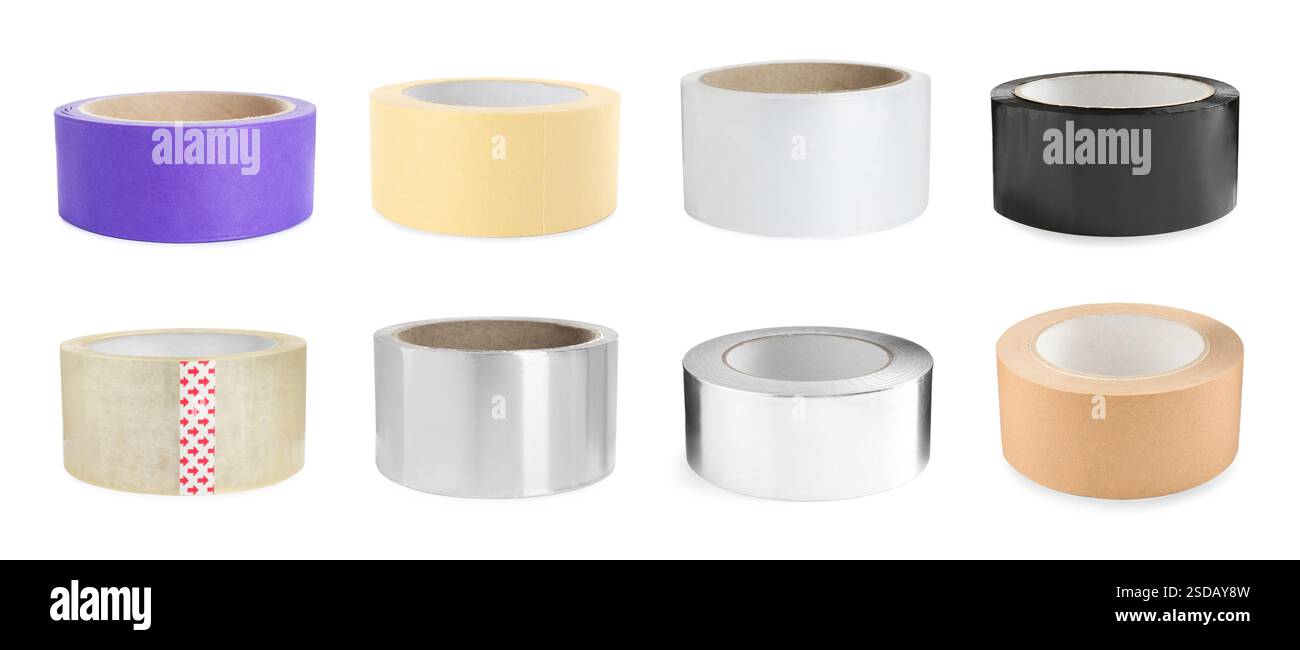 Rolls of different adhesive tapes isolated on white, set Stock Photo ...