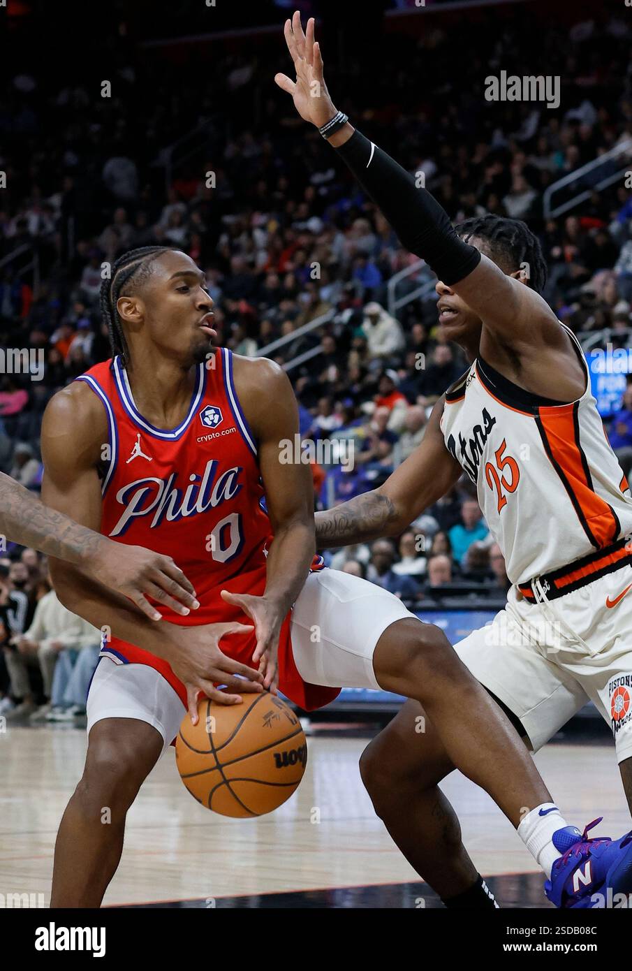 Philadelphia 76ers guard Tyrese Maxey (0) loses the ball while driving ...