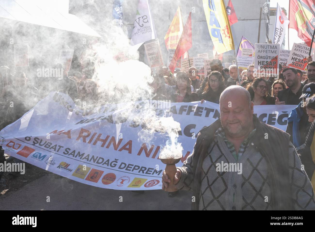Hatay, Turkey. 06th Feb, 2025. A demonstrator joins the protest by ...