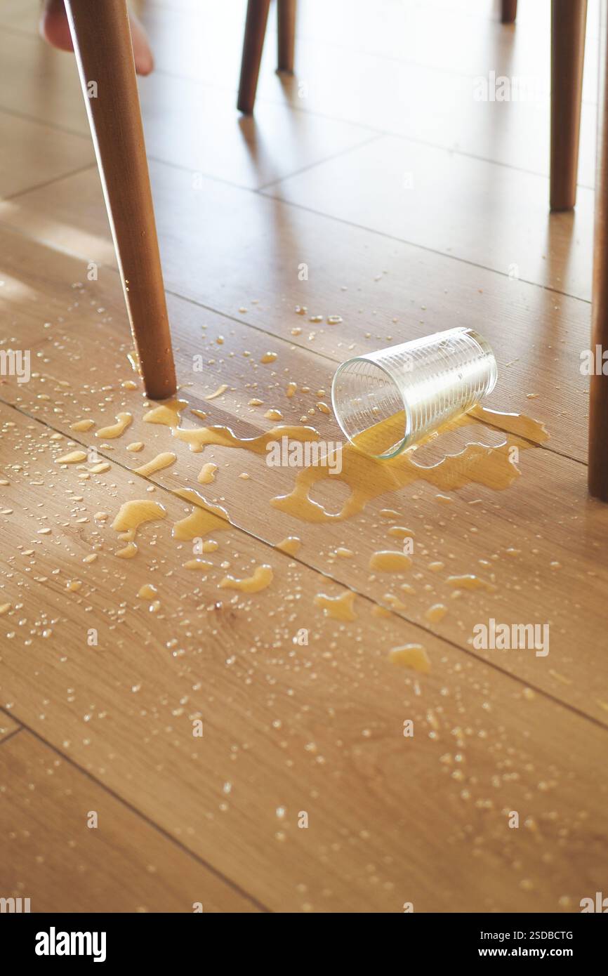 Cup spills orange juice on wooden floor beneath a dining table Stock ...