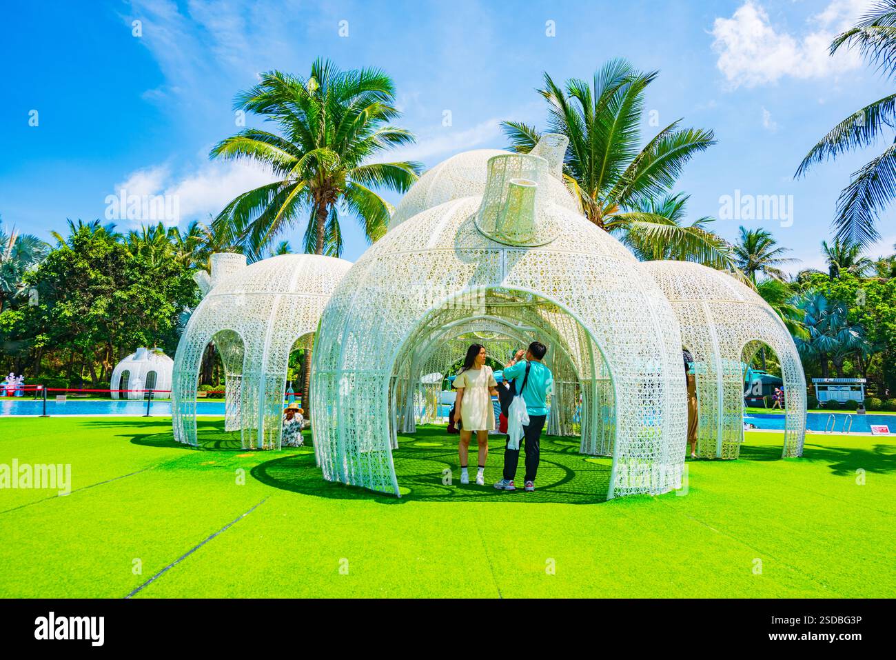 Modern White Canopy Structures in a Tropical Resort with Palm Trees ...