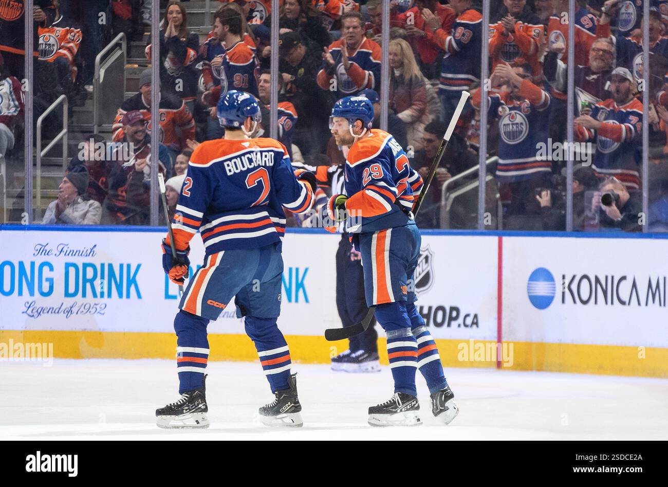 Edmonton Oilers' Evan Bouchard (2) and Leon Draisaitl (29) celebrate ...