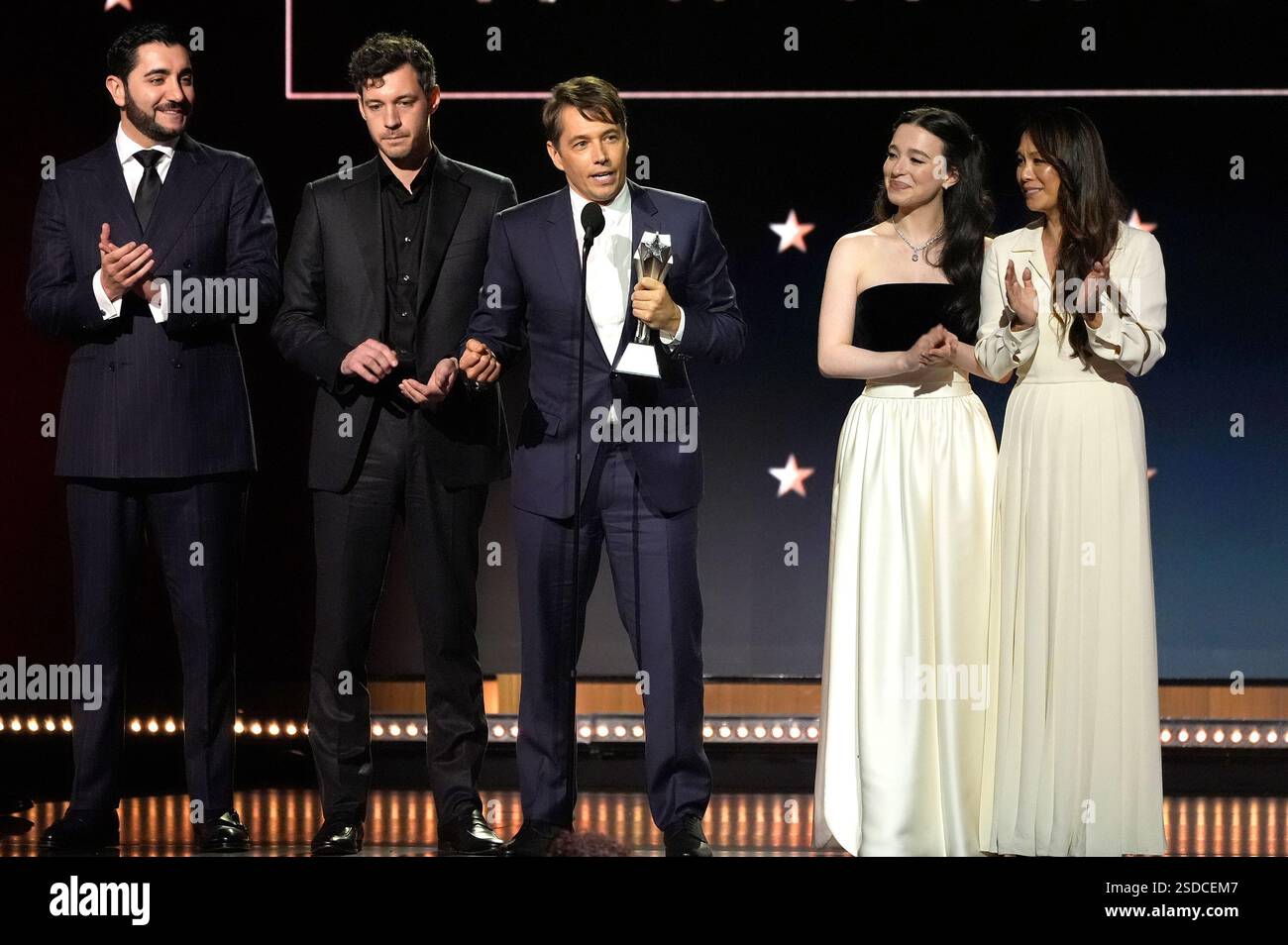 Vache Tovmasyan, from left, Alex Coco, Sean Baker, Mickey Madison, and ...