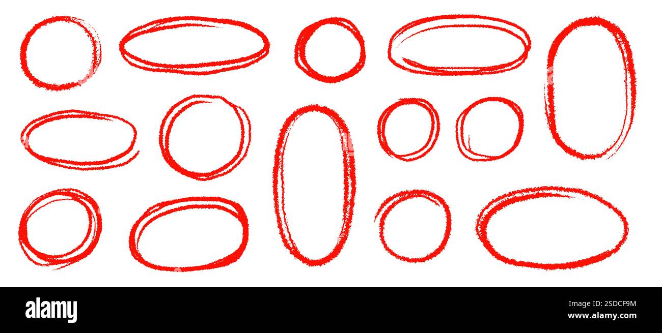 Hand drawn red highlight oval frame shape set. Doodle crayon pencil ...