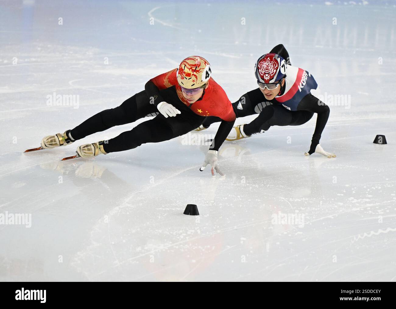 (250208) -- HARBIN, Feb. 8, 2025 (Xinhua) -- Liu Shaoang (L) of China and Kim Taesung of South ...