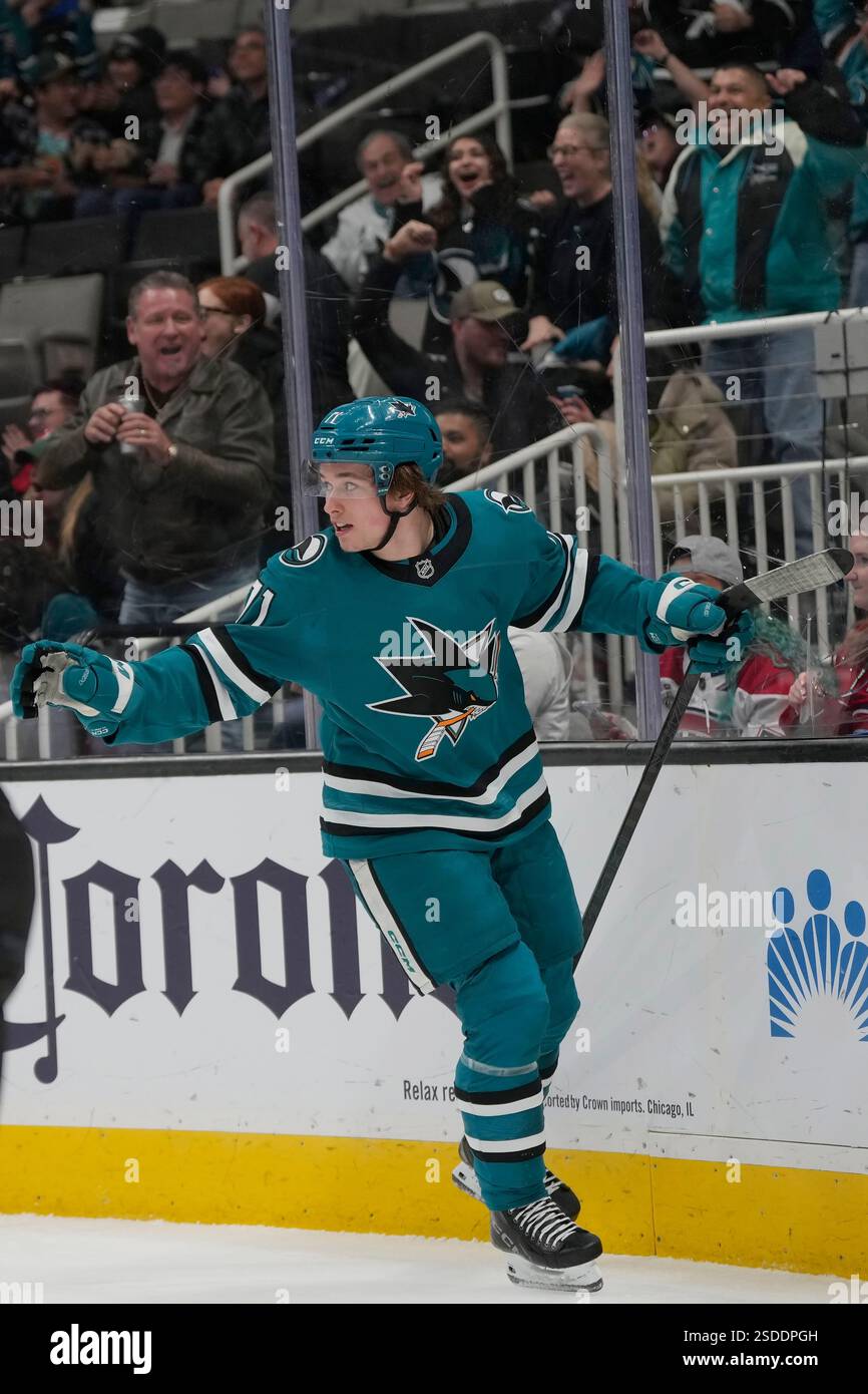 San Jose Sharks center Macklin Celebrini celebrates after scoring ...