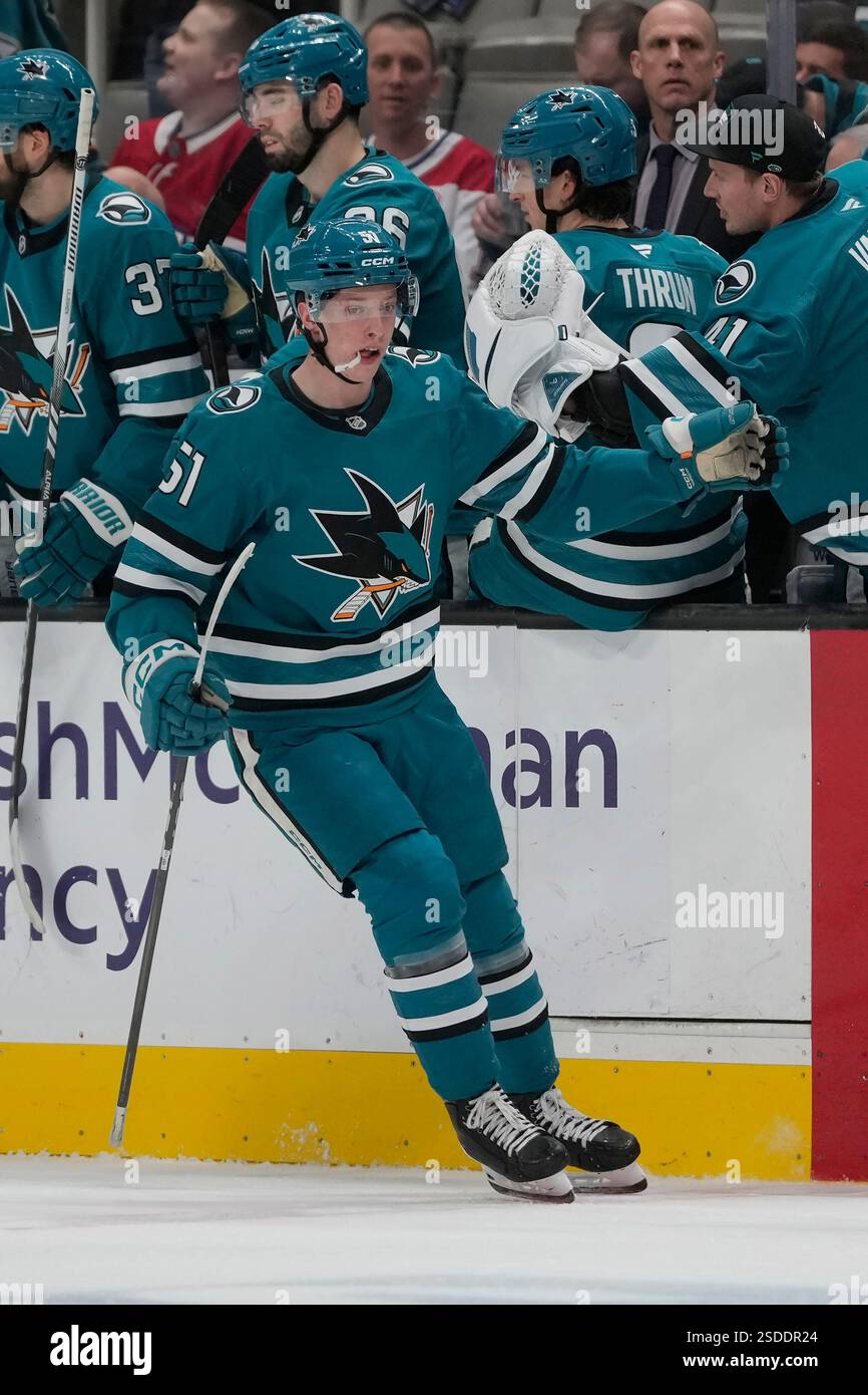 San Jose Sharks right wing Collin Graf (51) celebrates with teammates ...