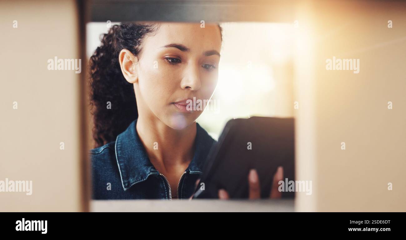 Tablet, shipping and woman with boxes for stock check, inventory and ...