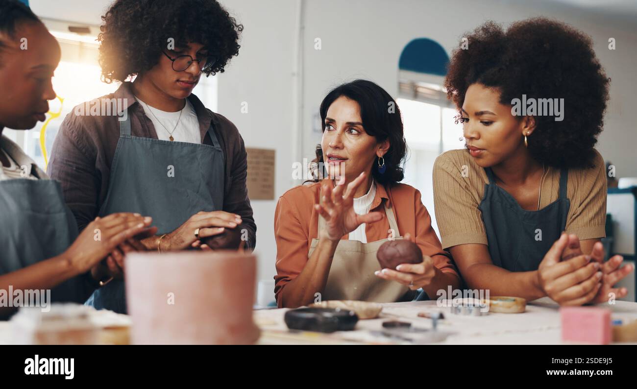 Woman, pottery and lesson with group, clay artwork and class for craft ...