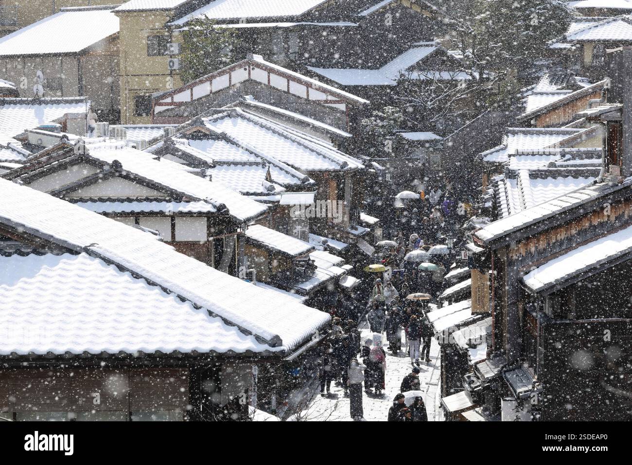Kyoto city covered in snow due to cold wave is seen on February 8, 2025 ...