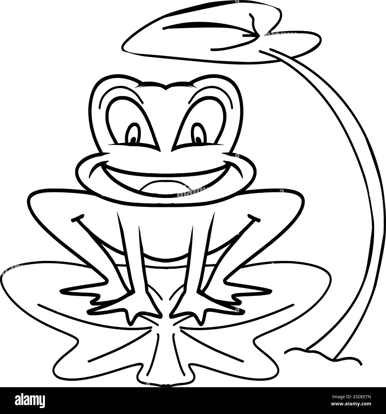 A cartoon toad with a big smile, sitting on a lily pad. Line art style ...