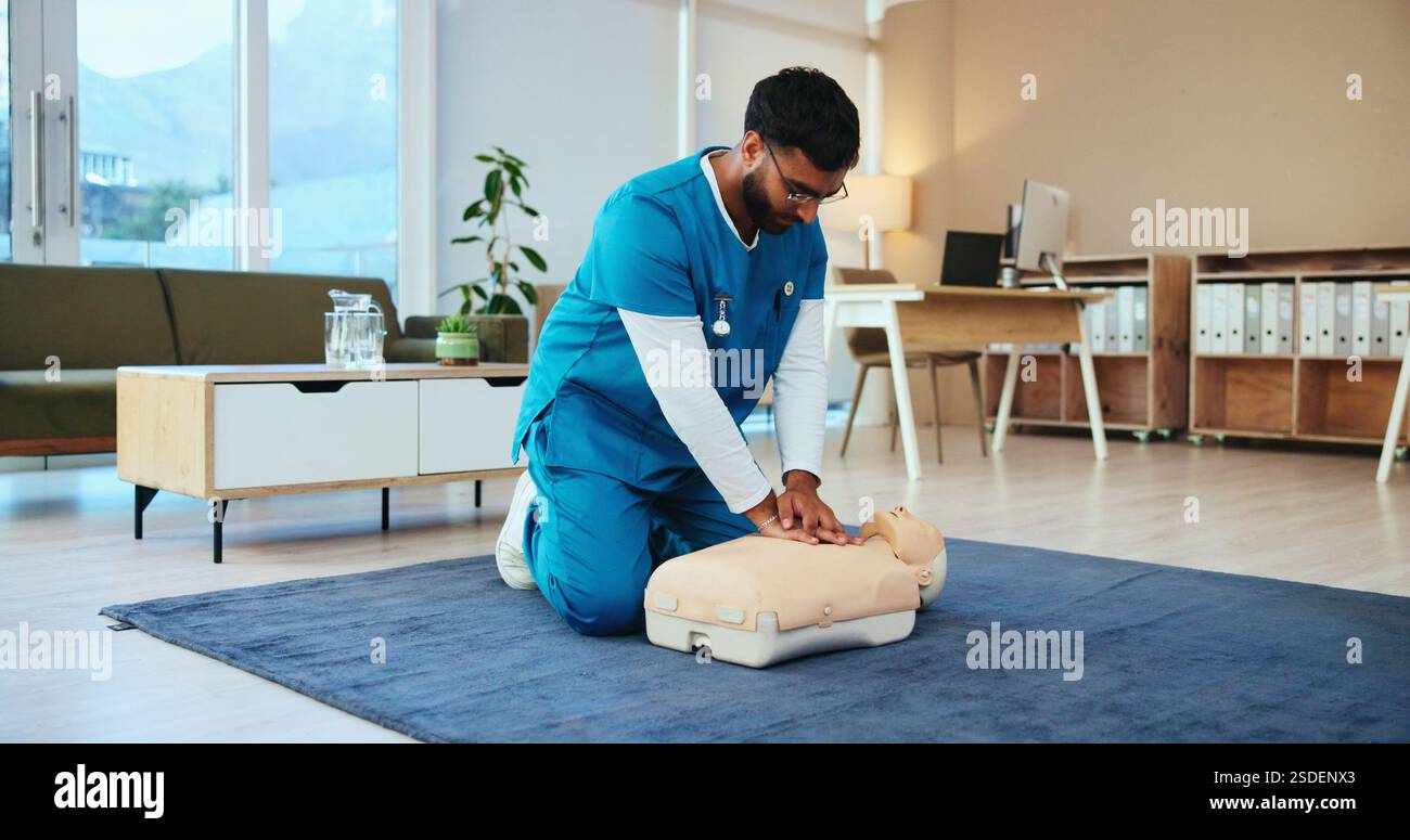 Nurse, cpr or man training with mannequin for first aid practice ...