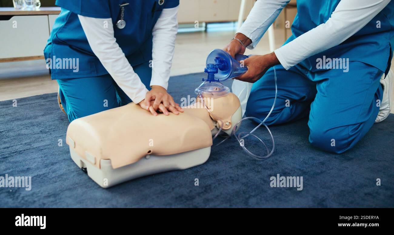 Mask, medical or nurses learning cpr on mannequin for first aid, help ...