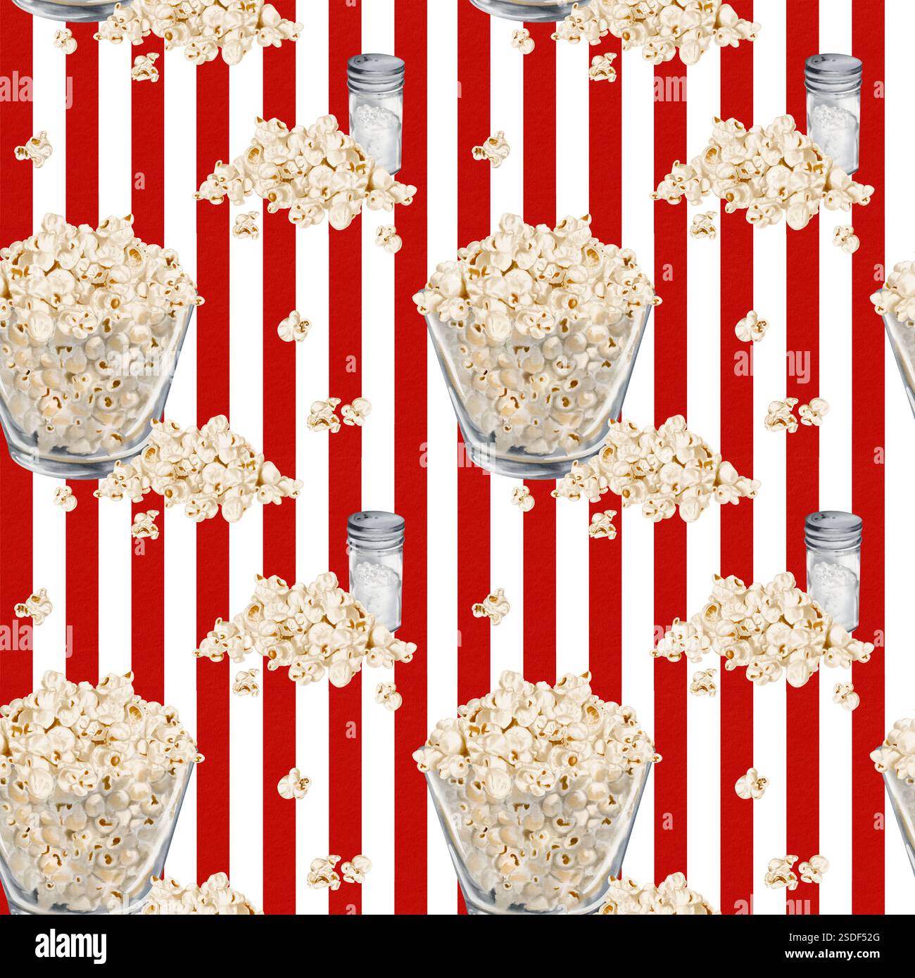 Seamless pattern with popcorn. Red stripes. Popcorn in a glass bowl ...
