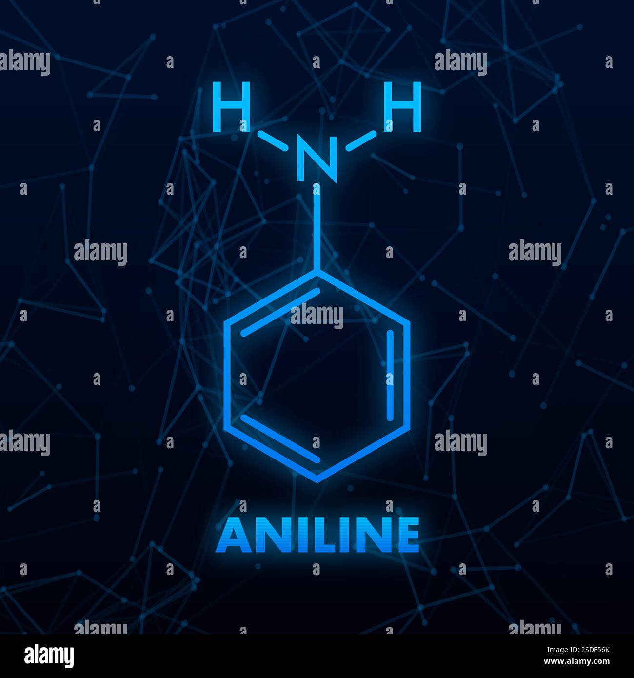 Aniline molecule glowing on dark blue background with connecting dots ...
