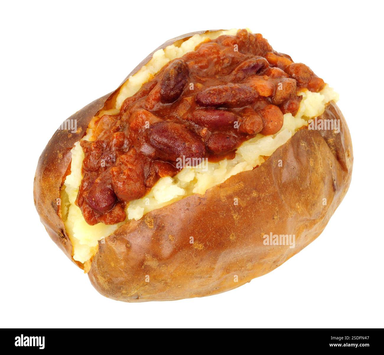 Beef chilli con carne filled baked jacket potato isolated on a white ...