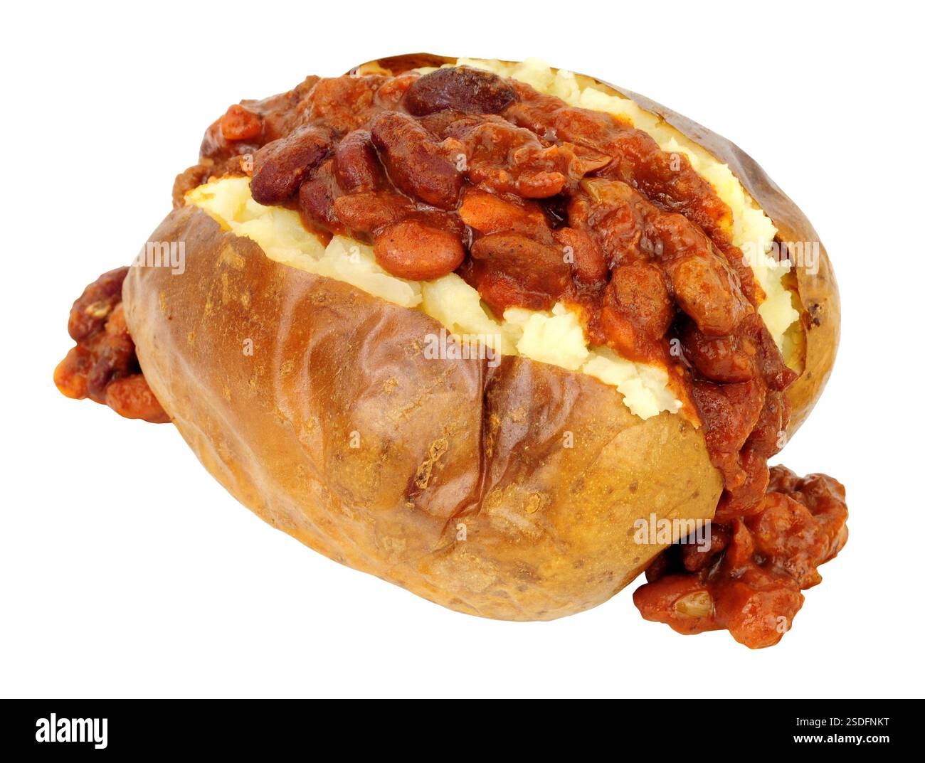Beef chilli con carne filled baked jacket potato isolated on a white ...