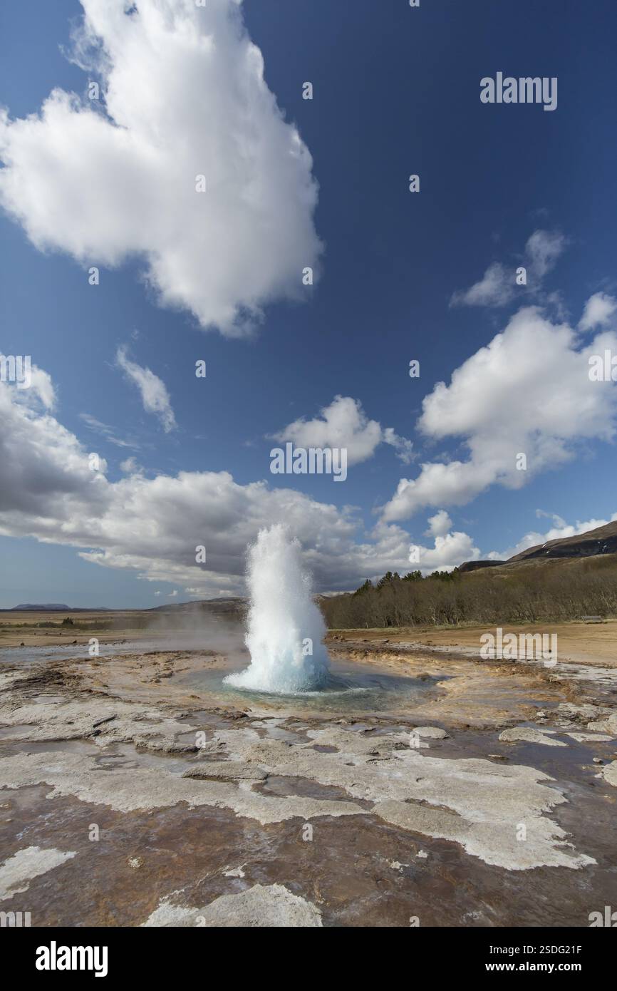 Strokkur is a fountain geyser located in a geothermal area in the ...