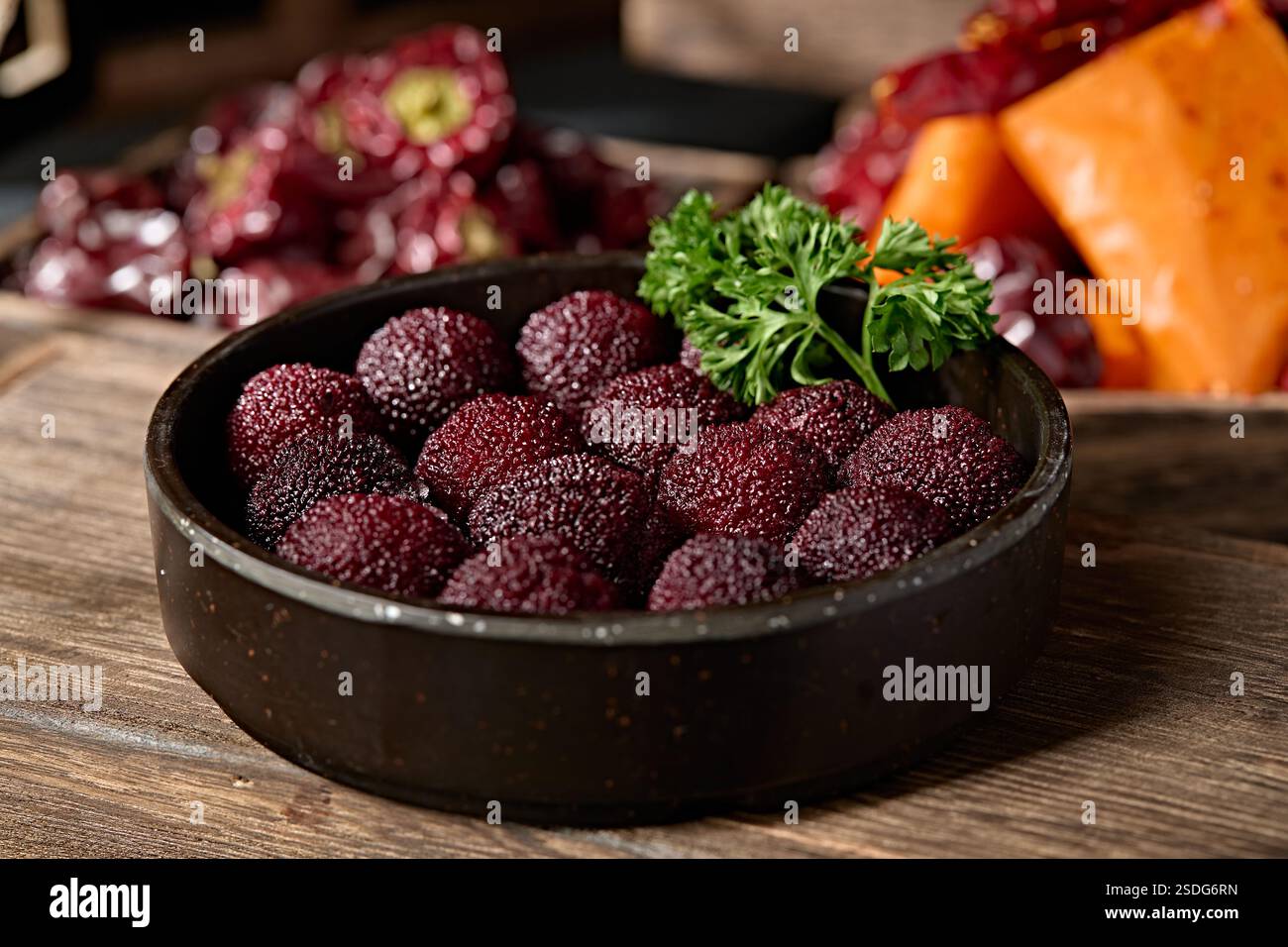 Dessert fruit syrup pickled bayberry fruit Stock Photo - Alamy