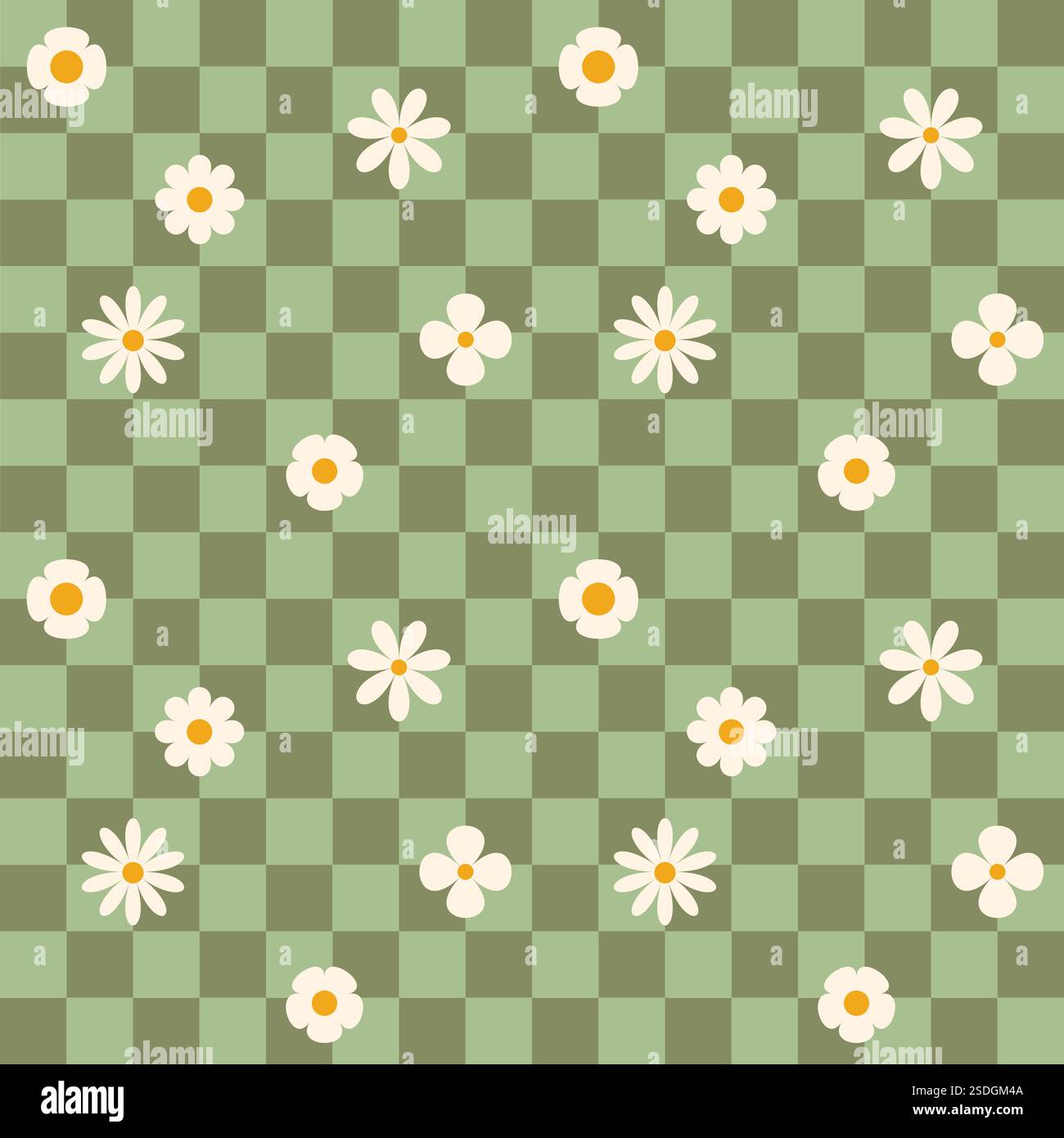 Groovy flower checkered pattern. Retro seamless pattern with simple ...