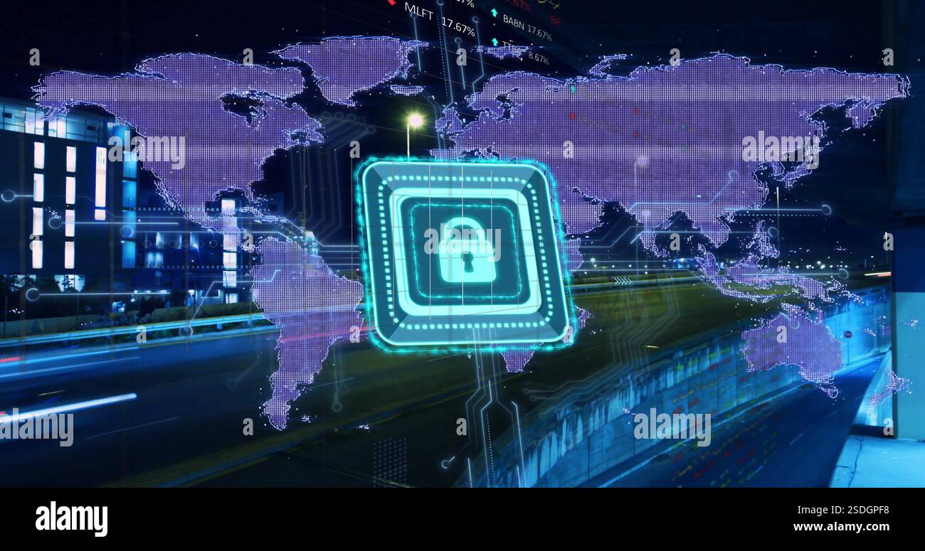 Image of padlock icon with world map and financial data processing over ...