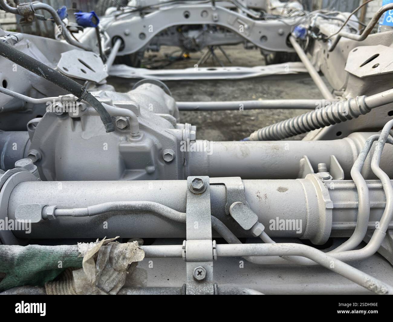 Detailed view of gearbox and mechanical parts of a vehicle in a ...