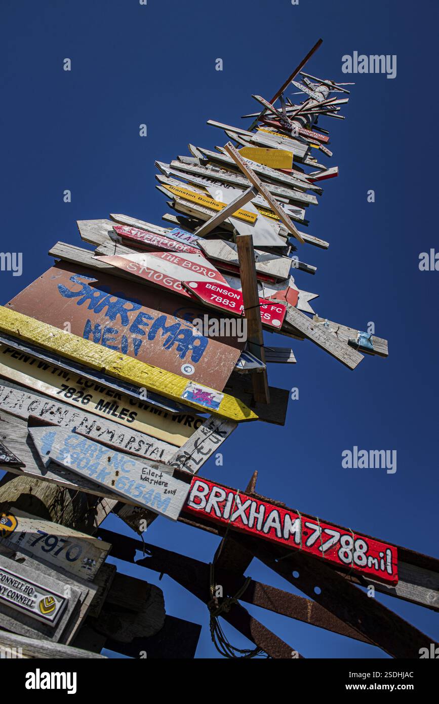 Totem with distance signs on a street in Stanley, Falkland Islands ...