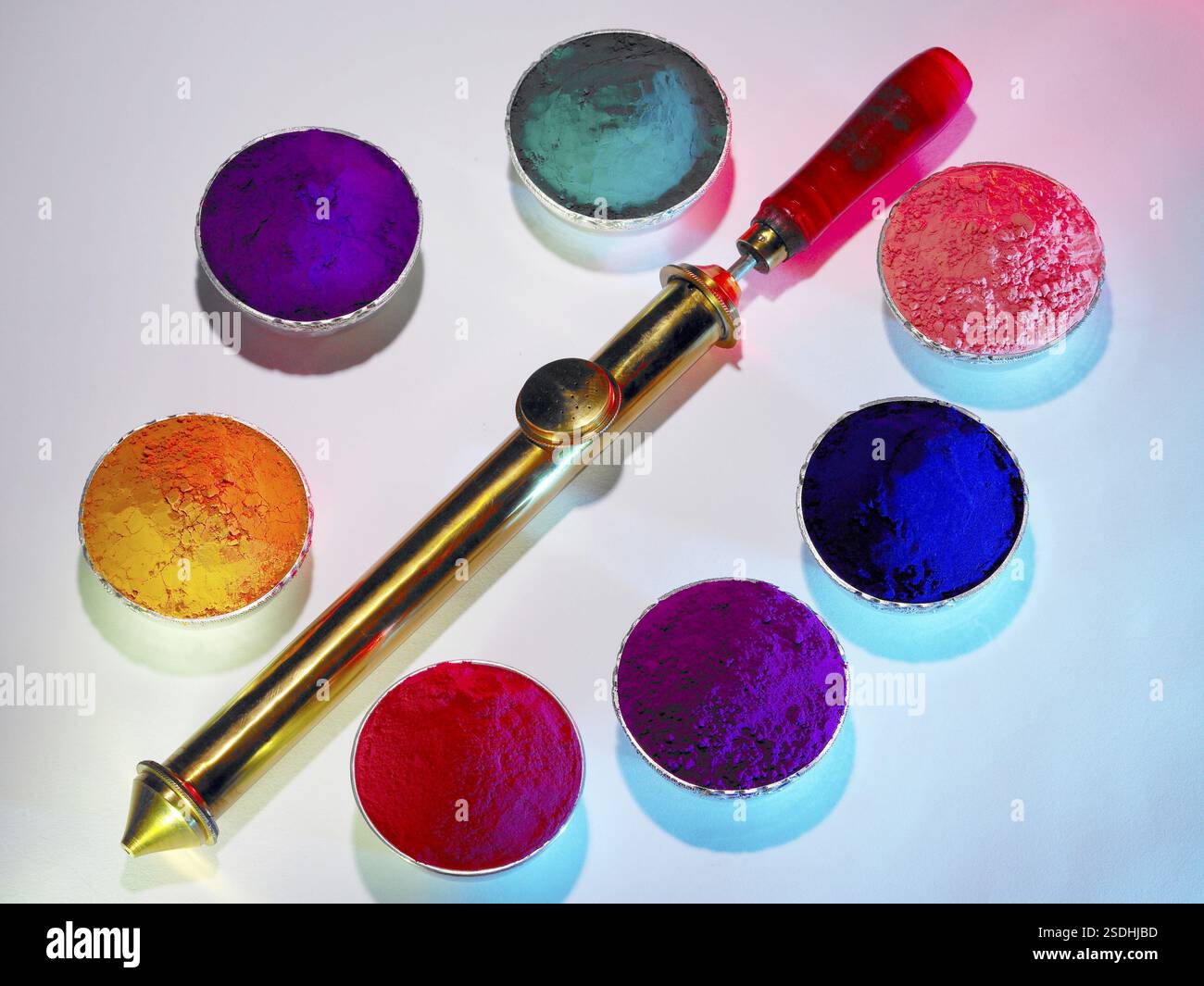 Colors gulal pichkari with seven copper pots for Holi or Phagwa called ...