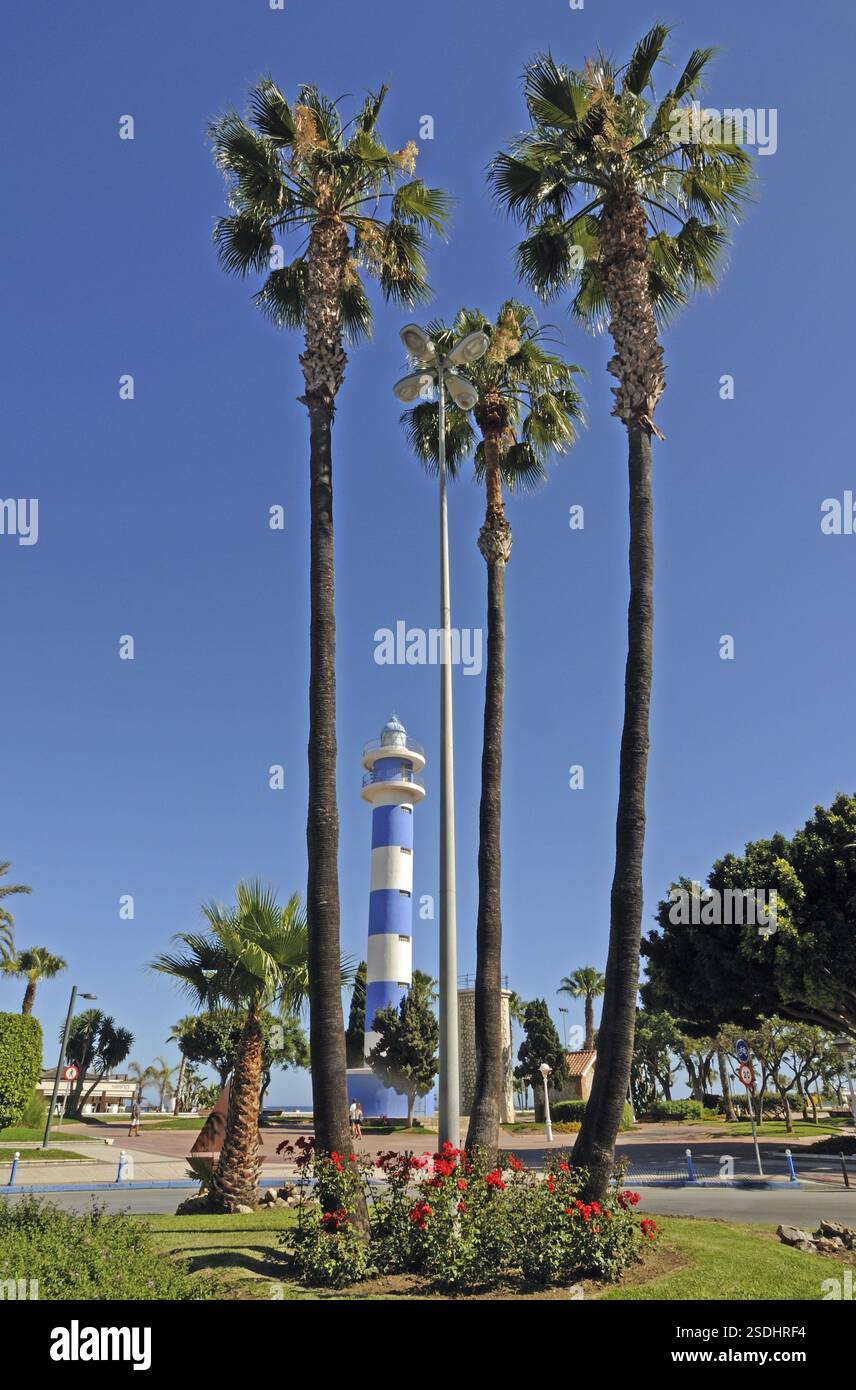 Spain, Andalusia, Torre del Mar, beach, lighthouse, palm trees, Europe ...