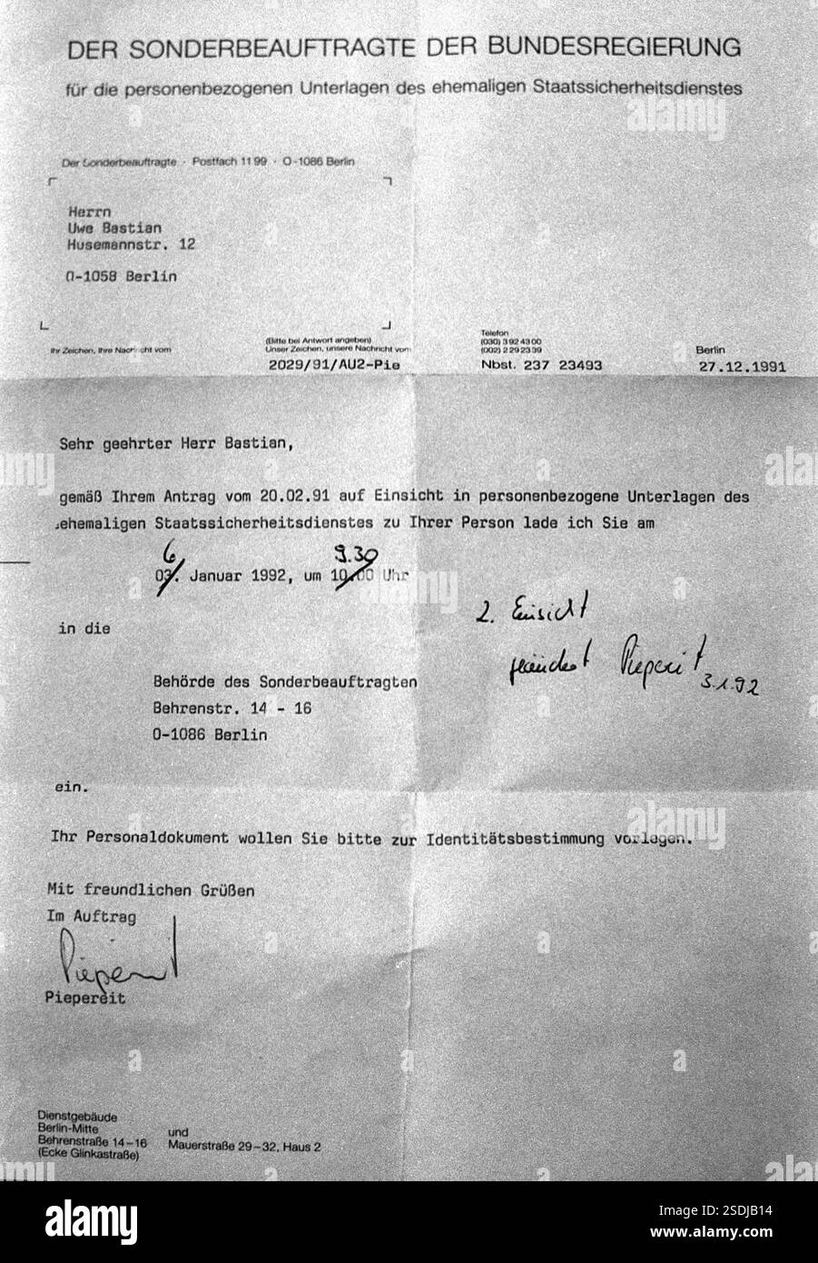 Germany, Berlin, 2 January 1992, application for access to files by Mr ...