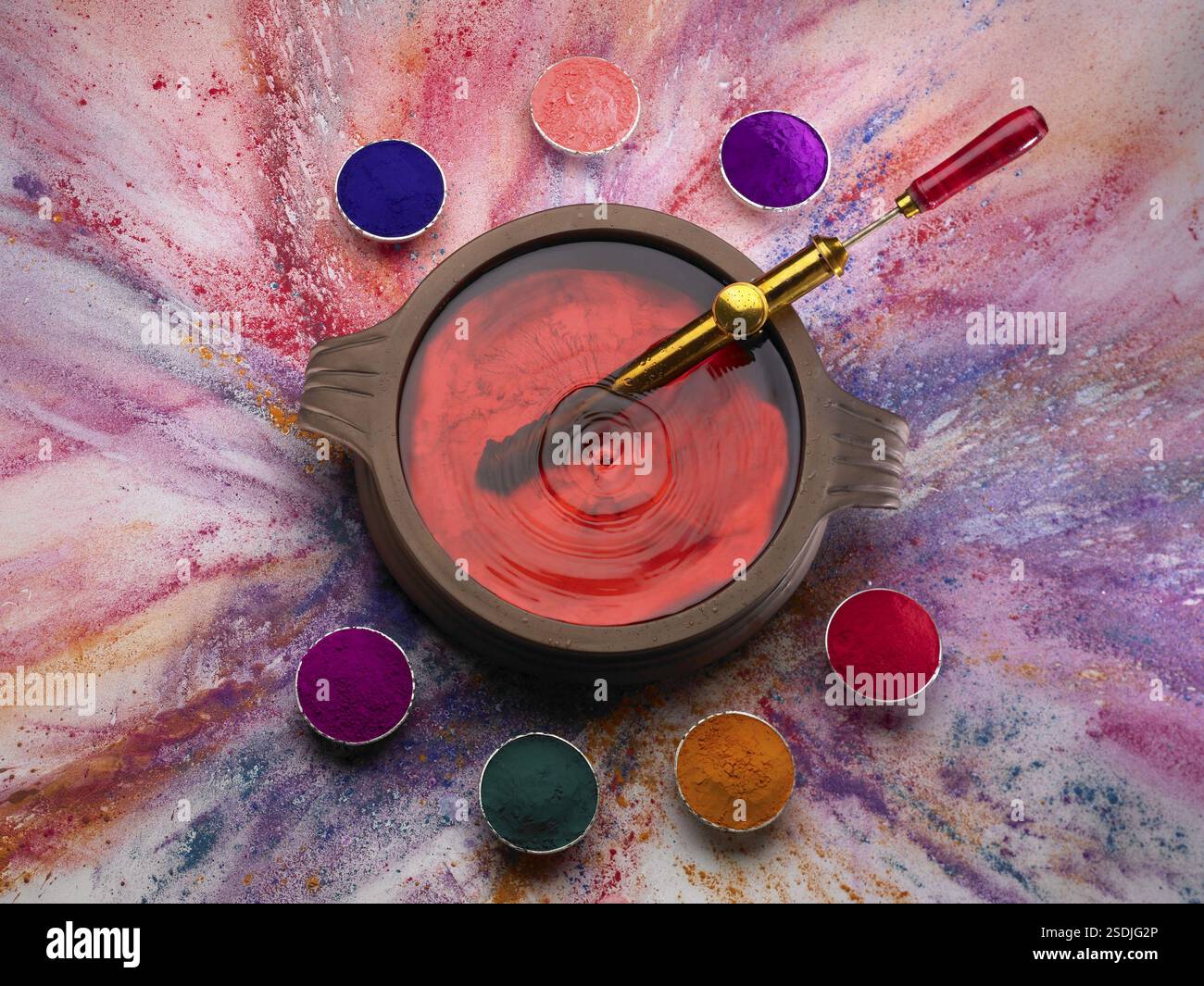 Colors with pichkari water with seven copper pots for Holi or Phagwa ...