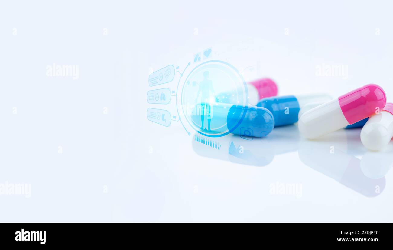 Pink-white and blue-white capsule pills with concept of precision ...
