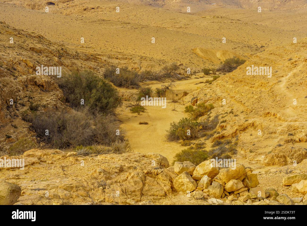 View of the Mamshit Stream with ancient dams, in the Negev Desert ...