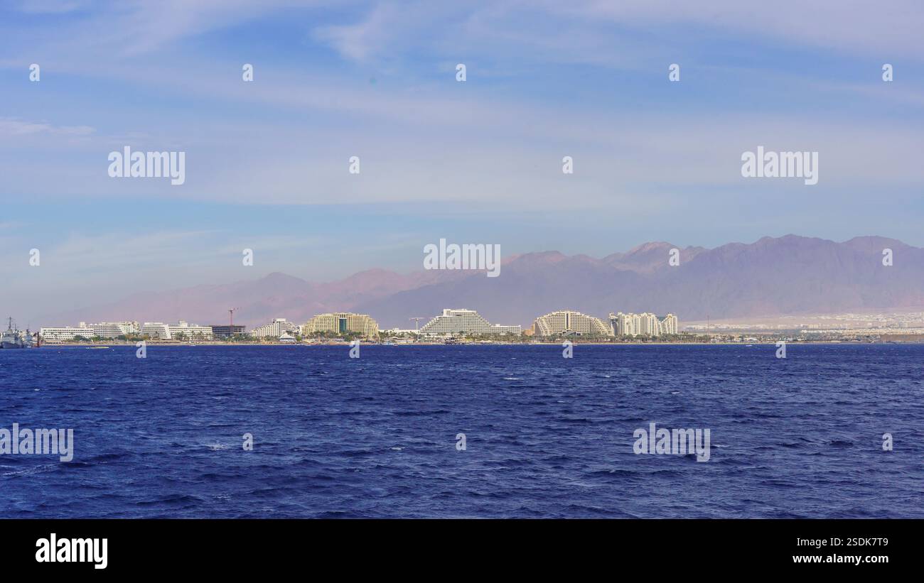 View of the Gulf of Aqaba, with hotel skyline in Eilat, Southern Israel ...