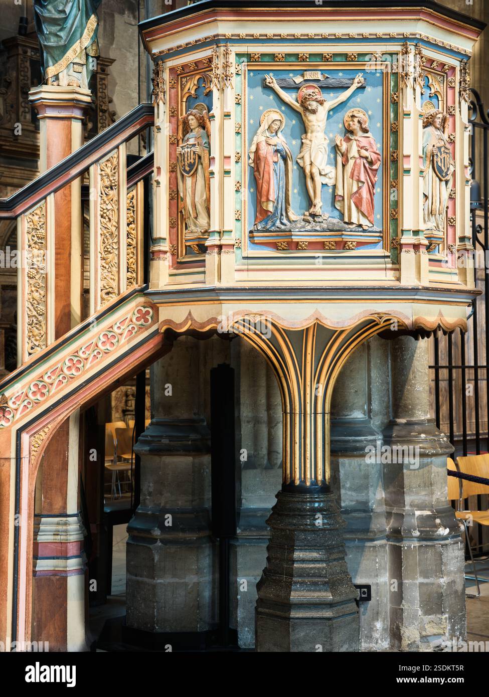 Painted wooden pulpit, featuring the crucifixion of jesus Christ, in ...