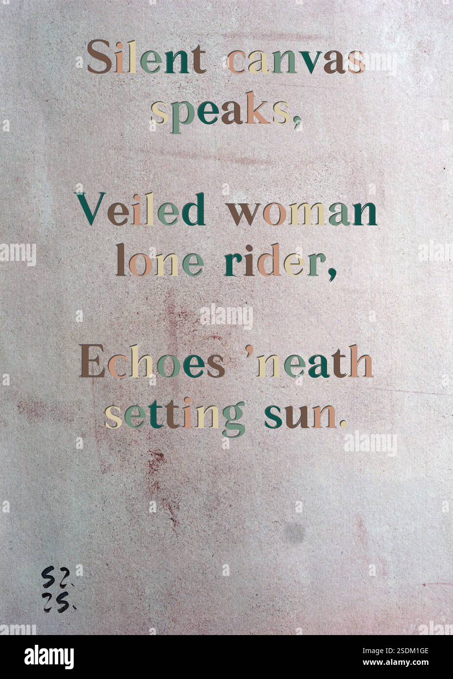 Silent canvas speaks, Veiled woman lone rider, Echoes 'neath setting ...