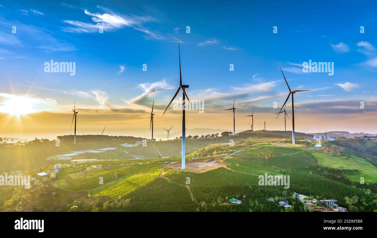 Aerial view dawn on the Da Lat plateau, Vietnam. Below are tea hills ...