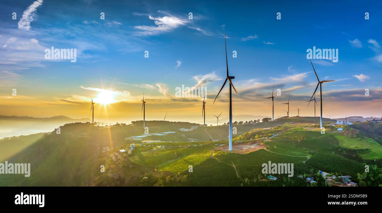 Aerial view dawn on the Da Lat plateau, Vietnam. Below are tea hills ...