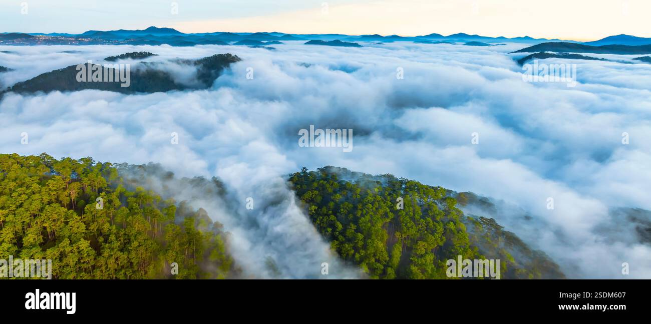 Aerial view of the town mist in the sunrise sky is beautiful in the ...