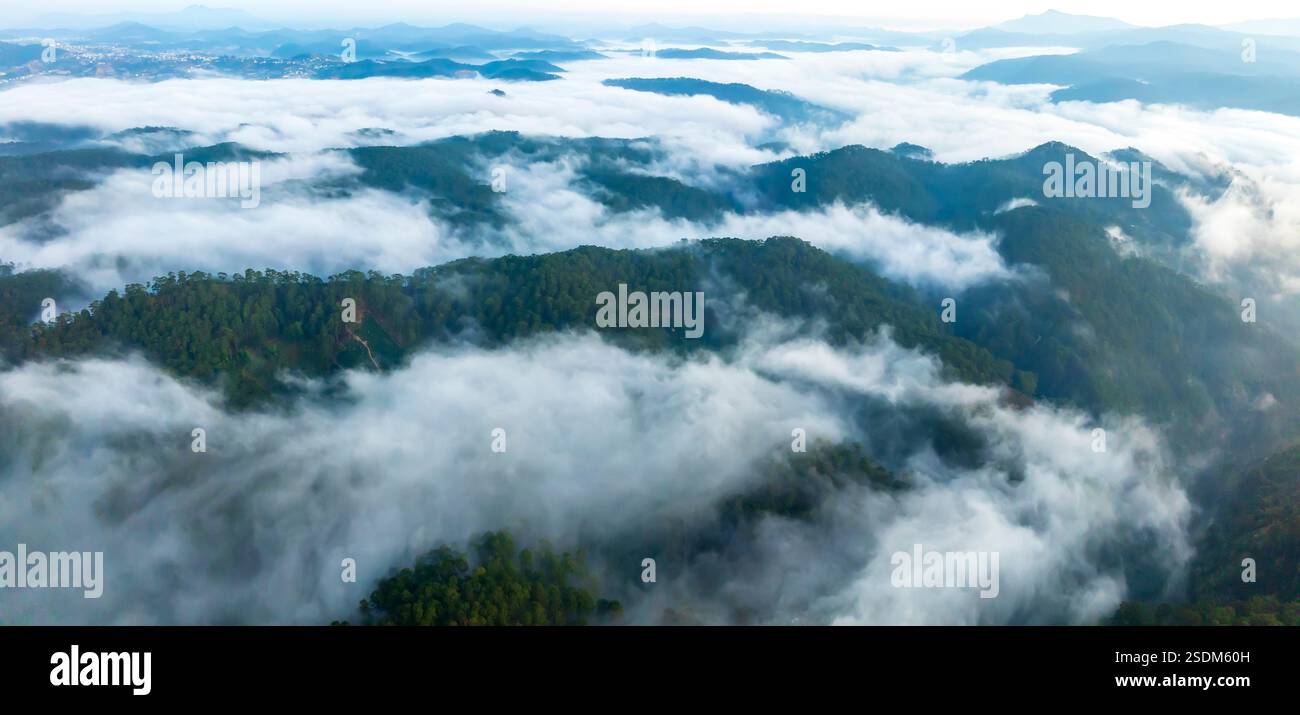 Aerial view of the town mist in the sunrise sky is beautiful in the ...