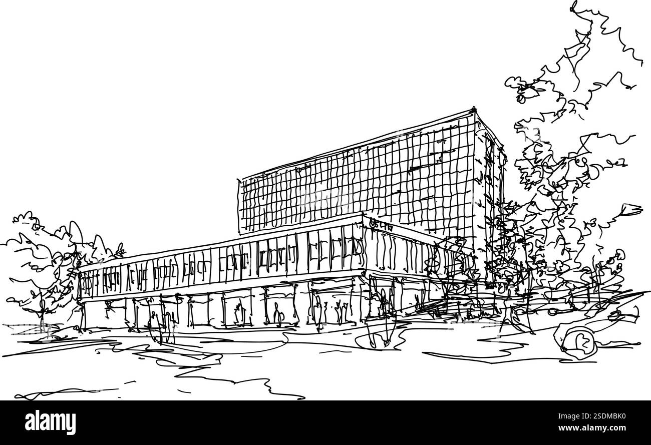 hand drawn architectural sketch of a modern generic office building ...