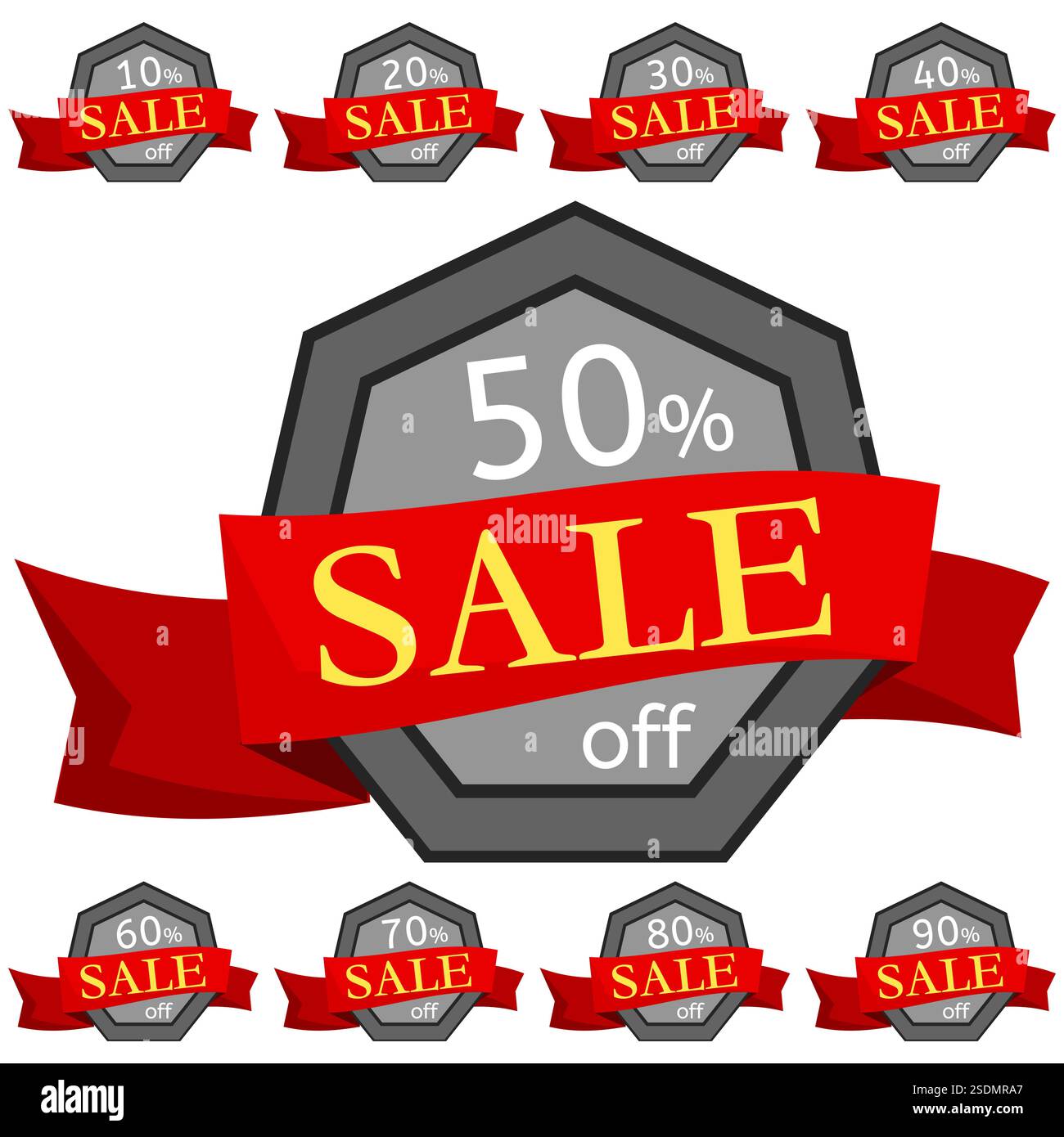 Set of discount stickers. Grey badges with red ribbon for sale 10 - 90 ...