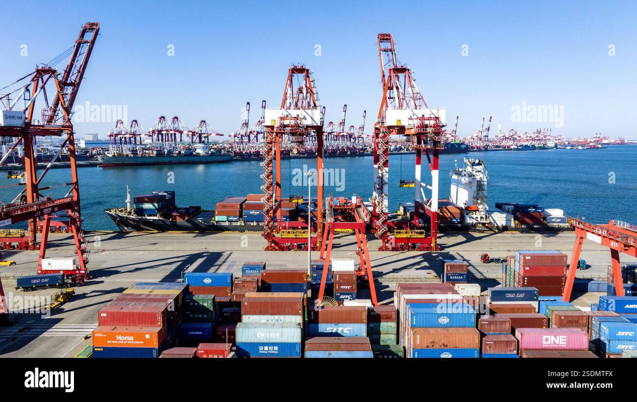Aerial photo shows the Qianwan Container Terminal in Qingdao City, east ...