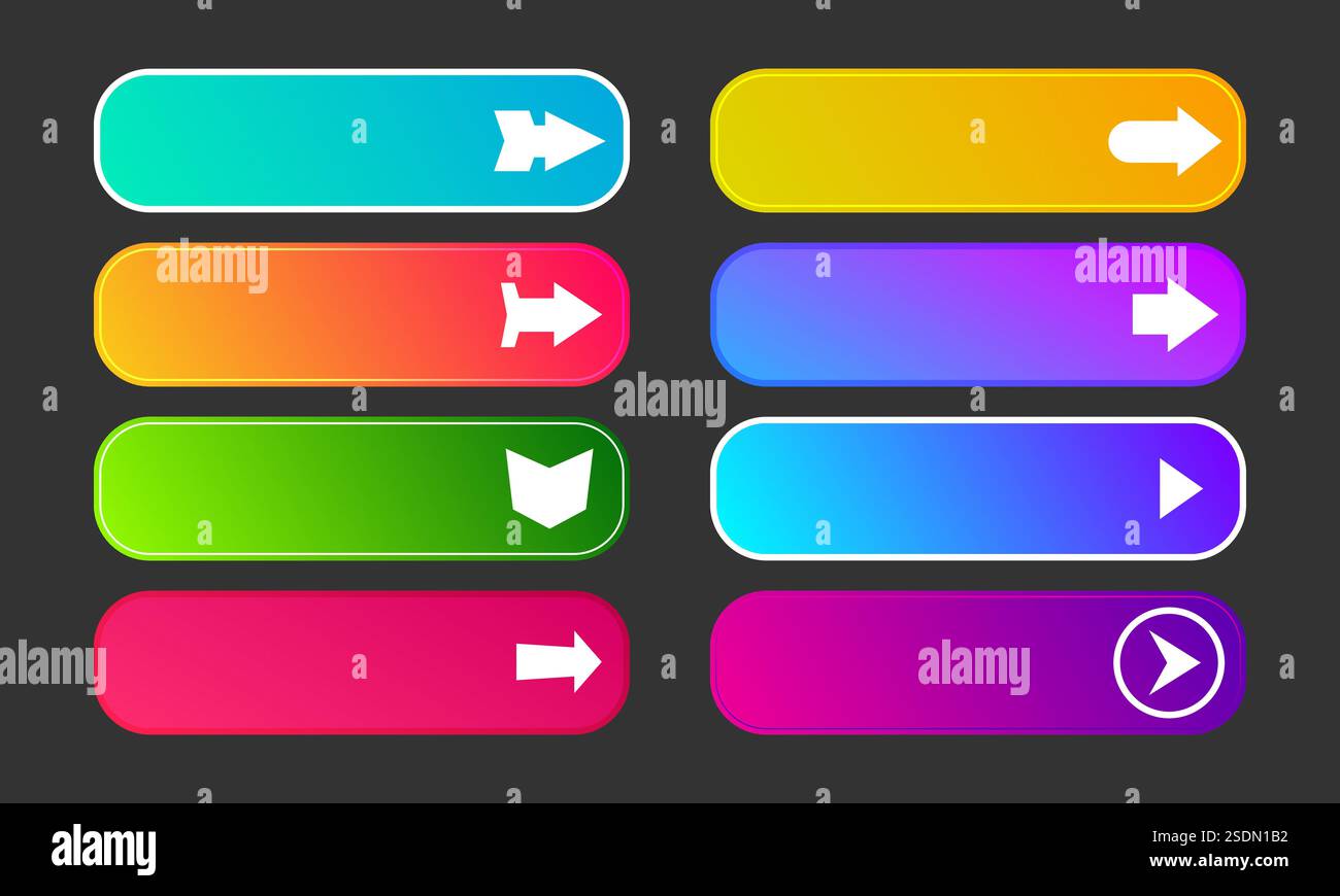 Colorful gradient buttons with arrows. Set of eight modern abstract web ...