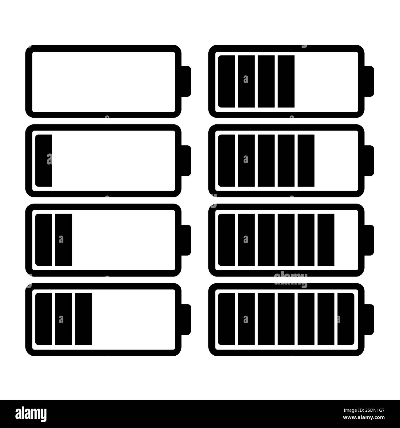 A set of eight batteries with different charge indicators. Vector ...