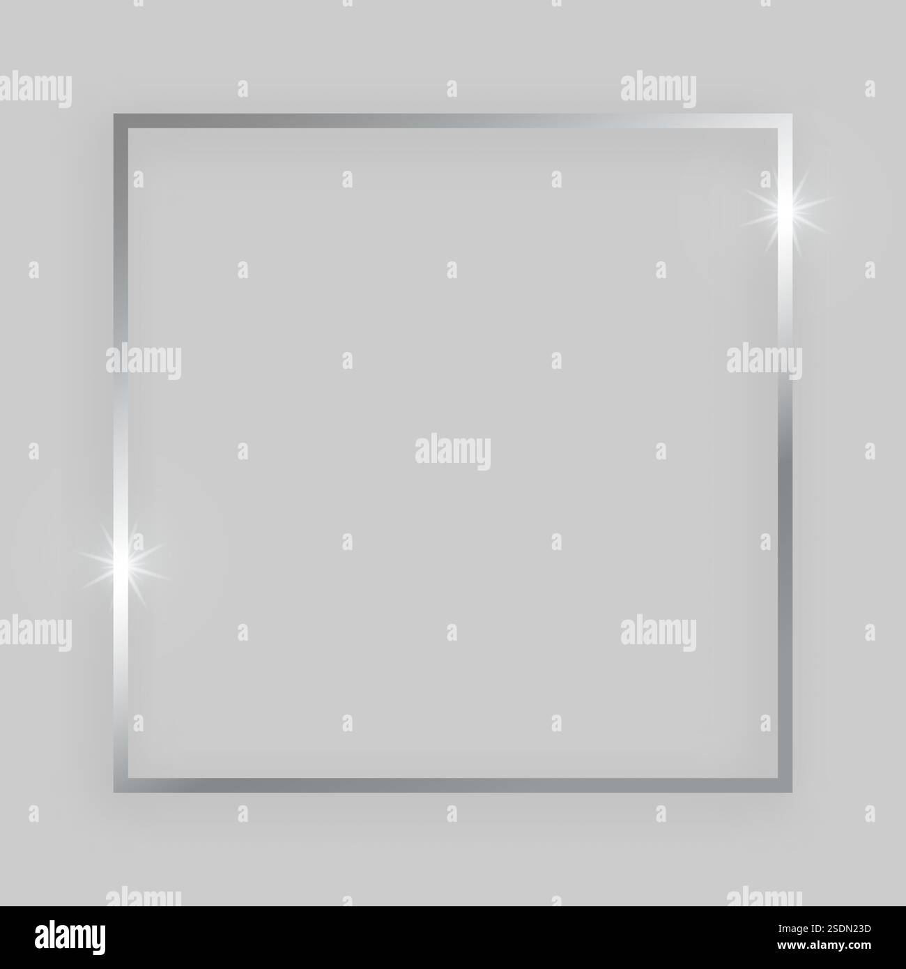 Shiny frame with glowing effects. Silver square frame with shadow on grey background. Vector ...